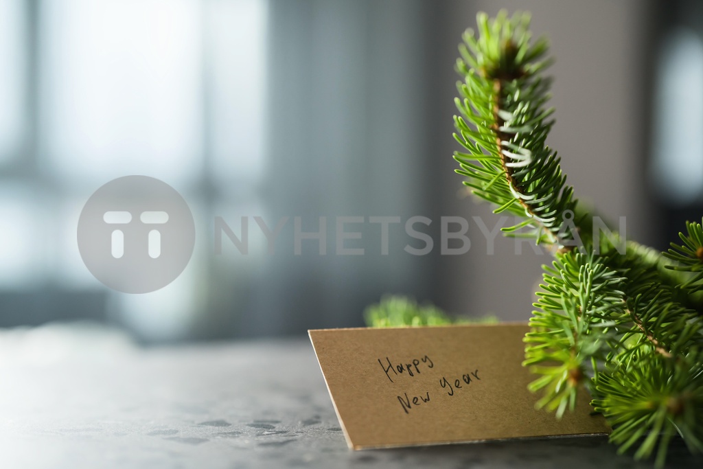 Fresh green spruce twig with brown paper card with happy new year greeting