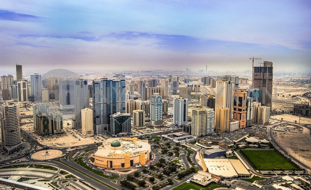 Panoramic sunset city skyline. Abu Dhabi