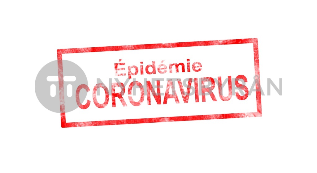 Coronavirus epidemia in red stamp illustration and french transl