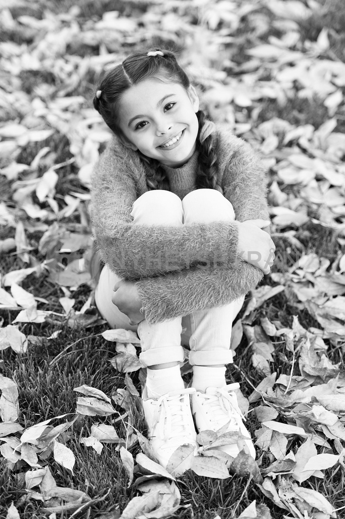 Happy little girl in autumn forest. Small child with autumn leaves ...