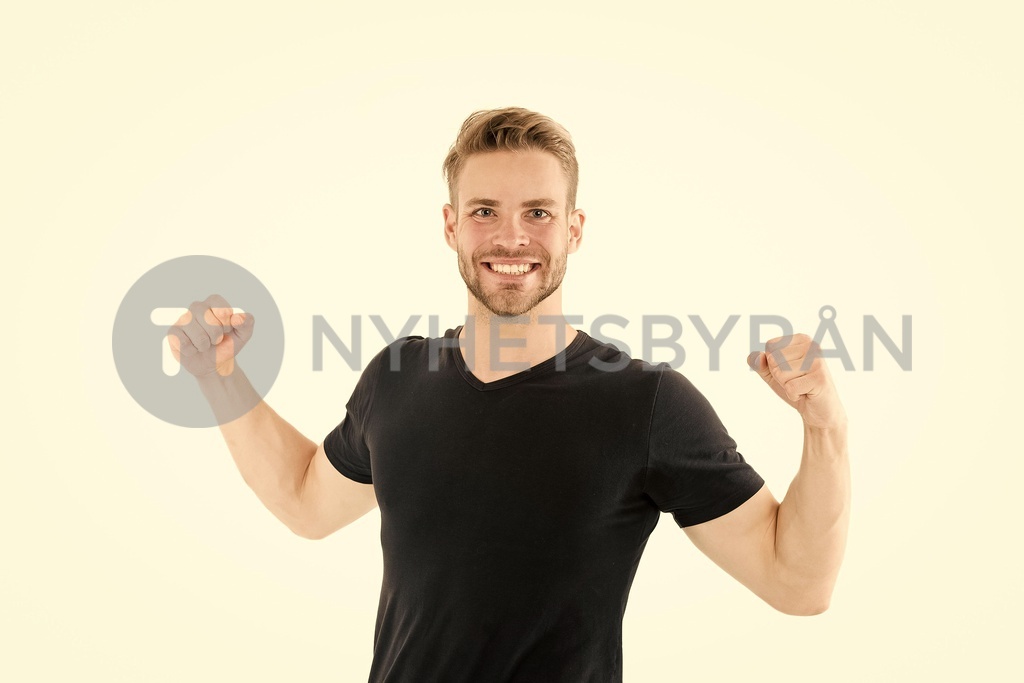 Victory and success. Champion winner. Successful guy celebrating ...