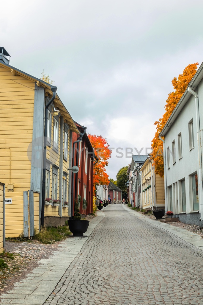 Narrow street of Old Porvoo, Finland. Beautiful city autumn landscape ...